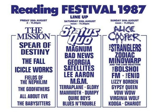 READING FESTIVAL 1987 LINE UP THE MISSION STATUS QUO ALICE COOPER ...