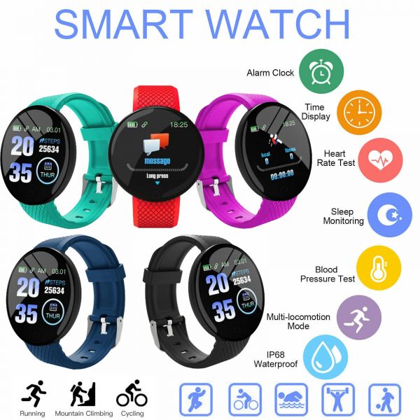 D18 Smart Watch Blood Pressure Heart Rate Monitor Fitness Tracker For ...