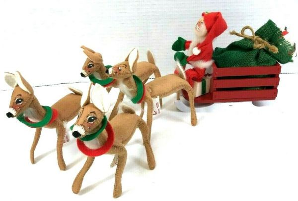 Vintage 1980 Annalee Dolls Santa With Sleigh & 4 Reindeer Meredith NH ...